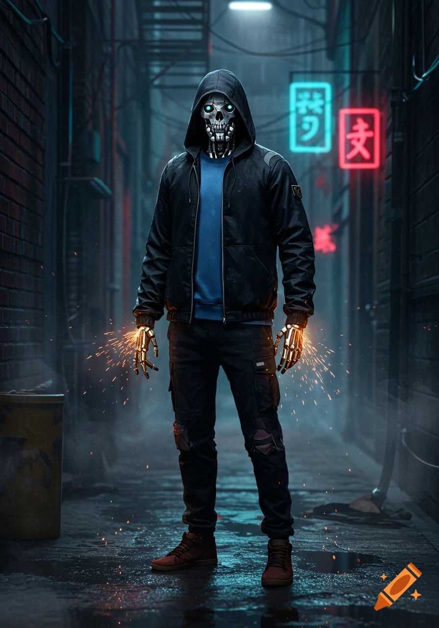 A hooded figure wearing a metallic skull mask stands in a dark, rainy ...