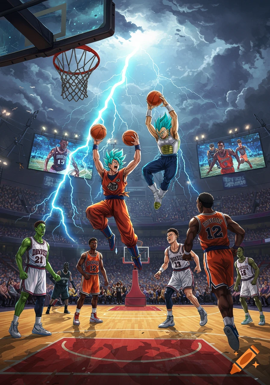 An anime-style male basketball player with orange hair, wearing a red ...