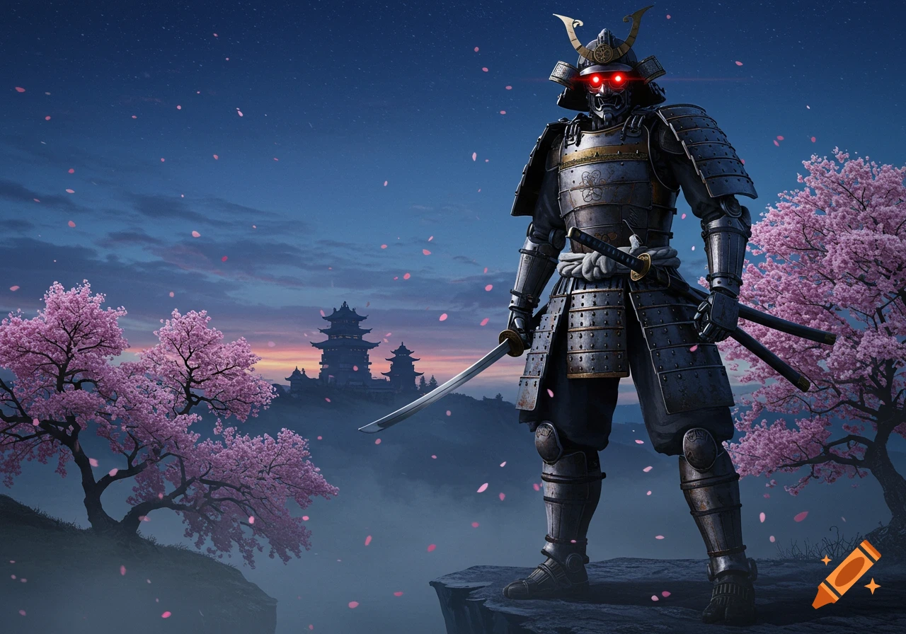 A detailed illustration of a red Predator Yautja in samurai armor ...