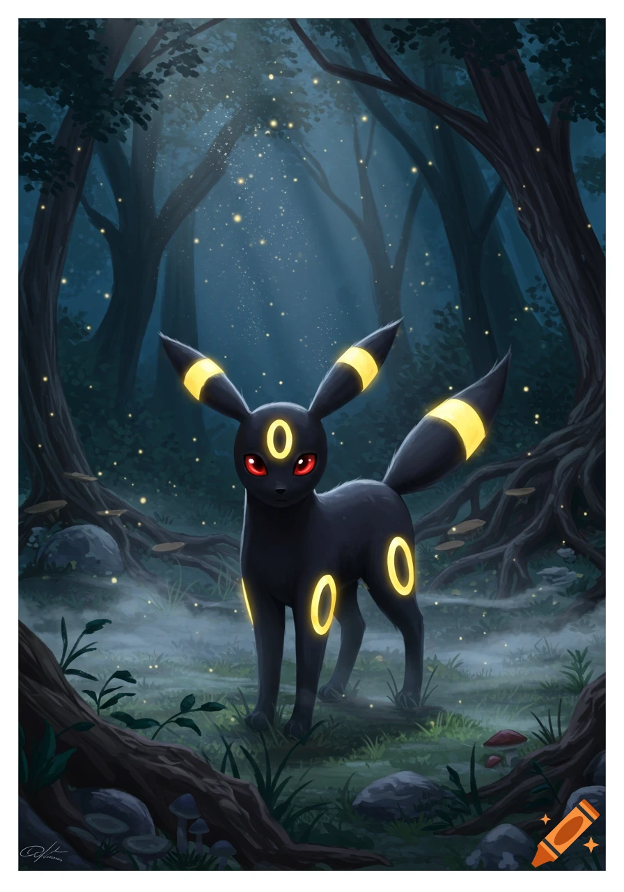 An anthropomorphic Umbreon stands in a dark, moonlit forest with ...