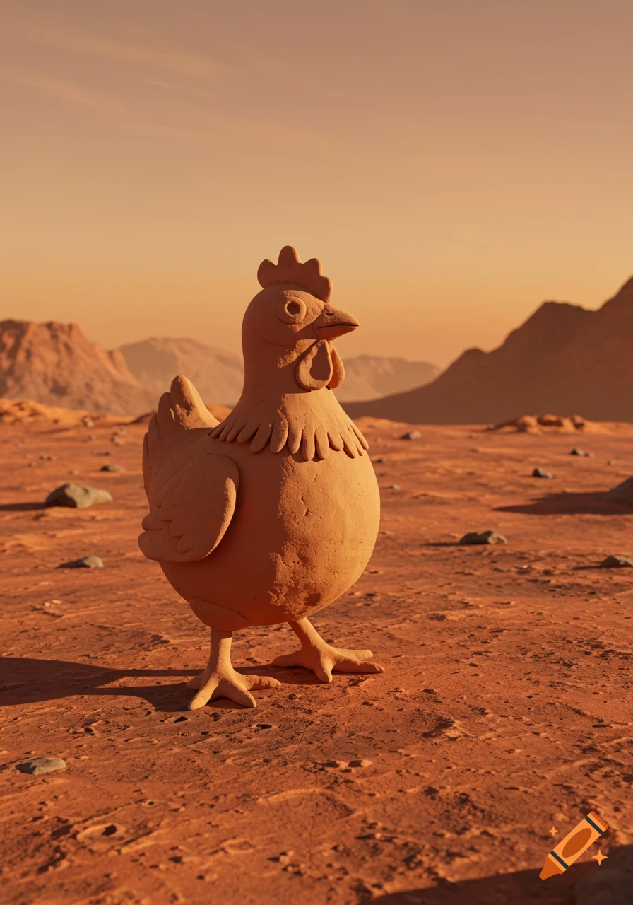 A clay chicken sculpture stands on the red, rocky surface of Mars under ...