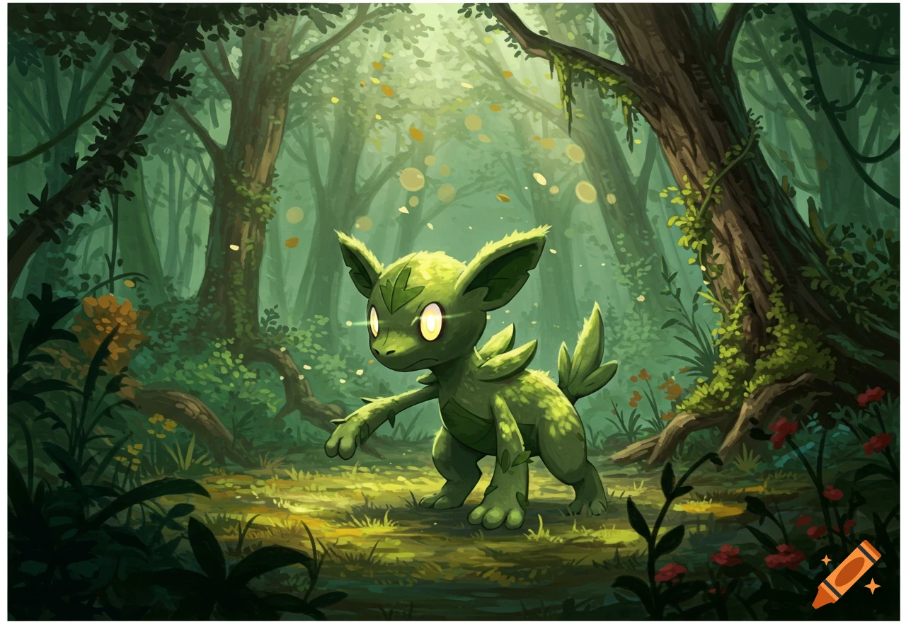 A green, plant-like creature with glowing yellow eyes stands in a lush, sun-dappled forest. on ...