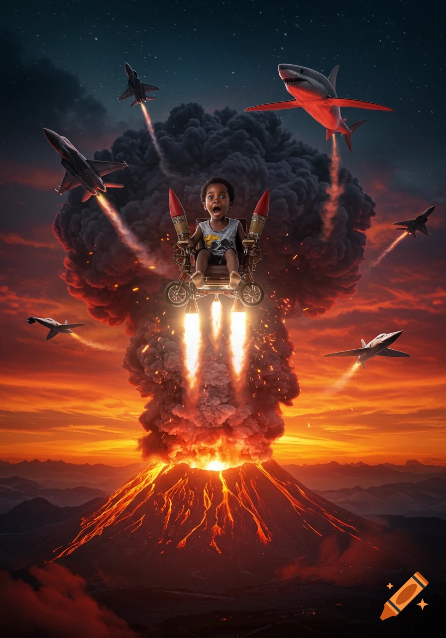 A dark-skinned child in a rocket-powered chair flies out of an erupting ...