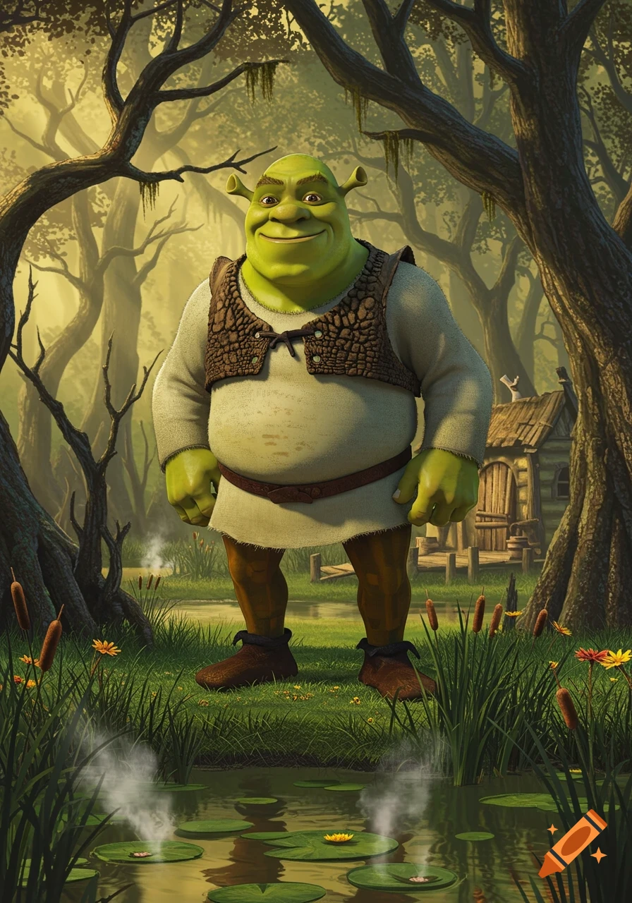 Shrek, a green ogre, is performing a hammer throw in a brightly lit ...