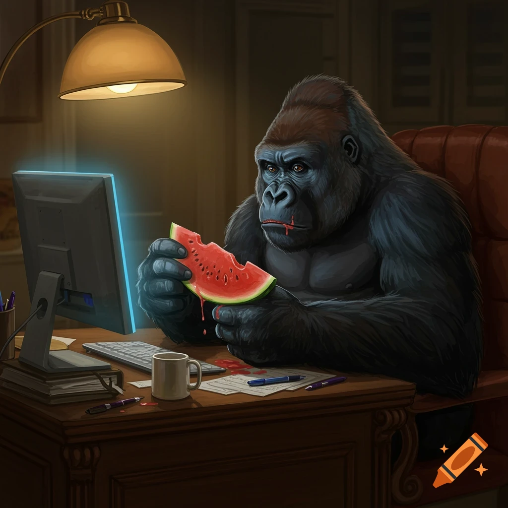An angry gorilla sits at a wooden desk, eating a watermelon slice and ...