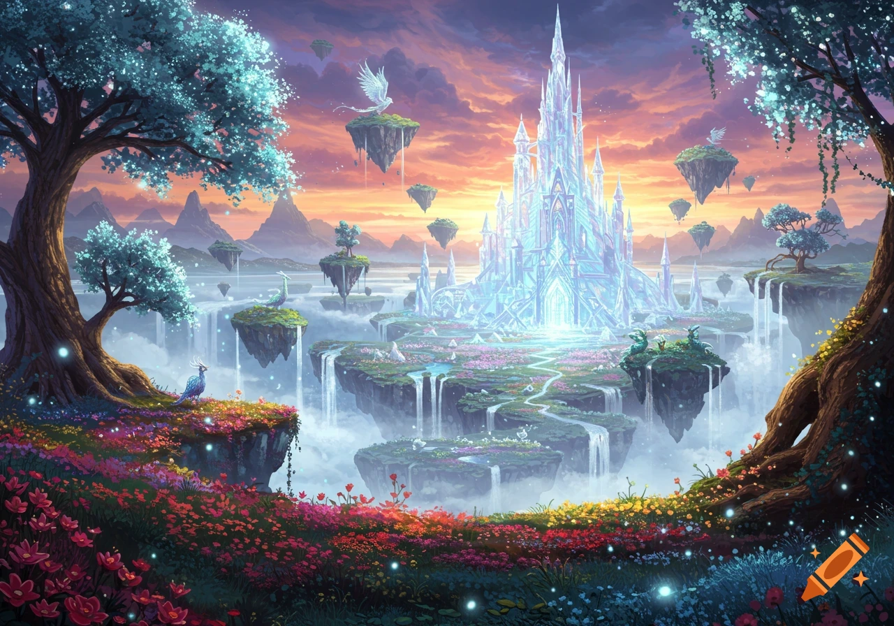 A vibrant anime fantasy landscape with multiple waterfalls falling from ...
