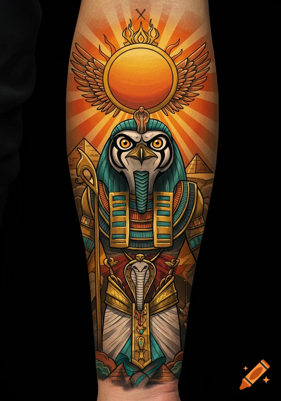 Neo-traditional tattoo of Ra, Egyptian sun god with a falcon head, sun ...