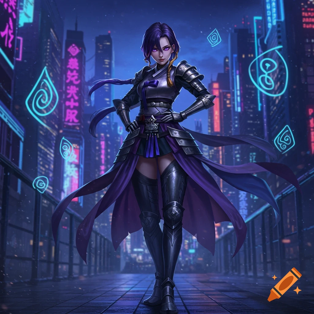 A purple-haired woman in detailed futuristic armor stands in a neon-lit ...