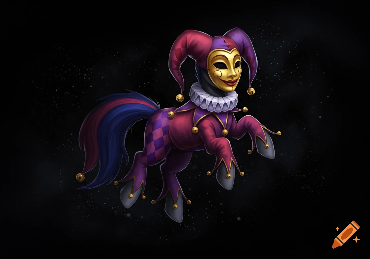 A jester-clad pony with a red and purple harlequin suit and a golden ...