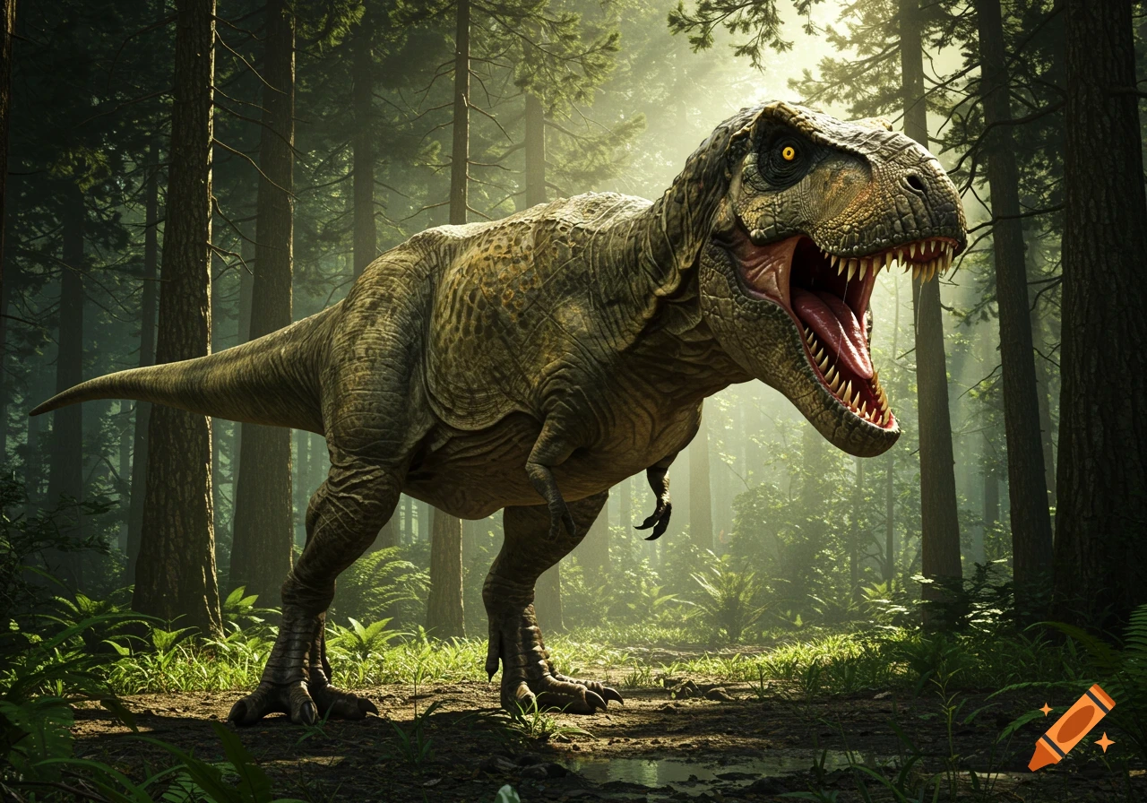 A hyper-realistic Tyrannosaurus rex stands in a lush, sun-dappled ...
