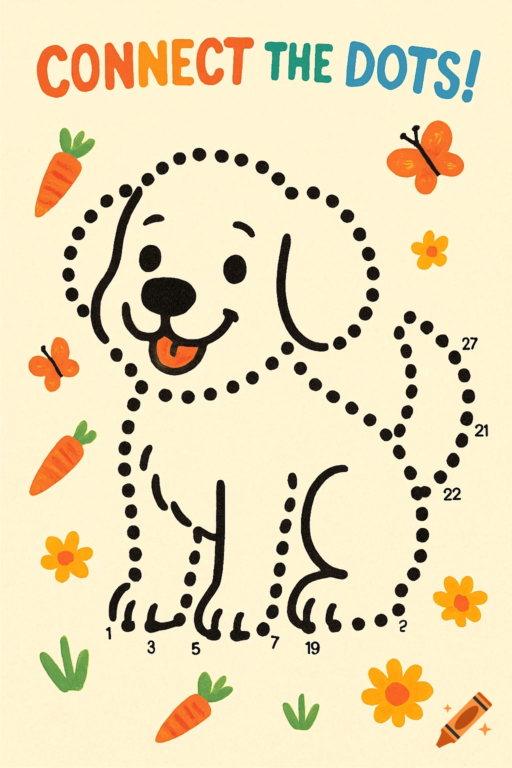 A connect-the-dots page for kids, showing a dotted outline of a smiling ...