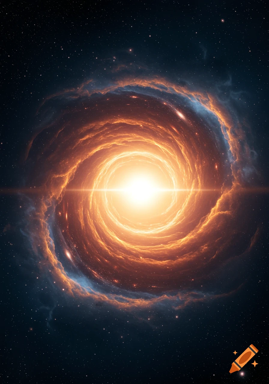 Vibrant cosmic explosion with a central orange and blue eye-like nebula ...