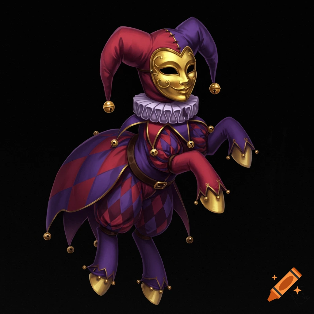 A whimsical jester pony with a gold mask and red and purple harlequin ...