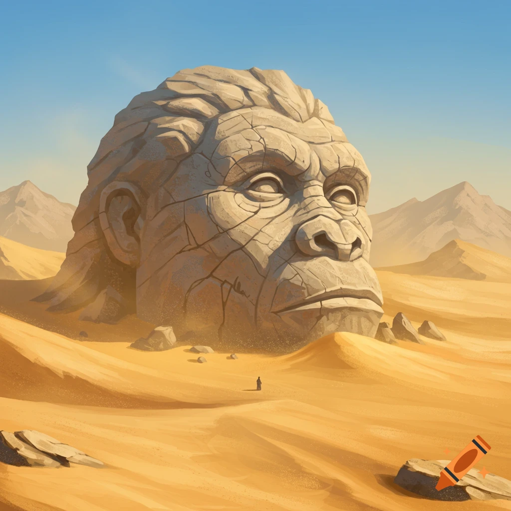 A detailed cracked skull lies half-buried in a vast golden desert ...