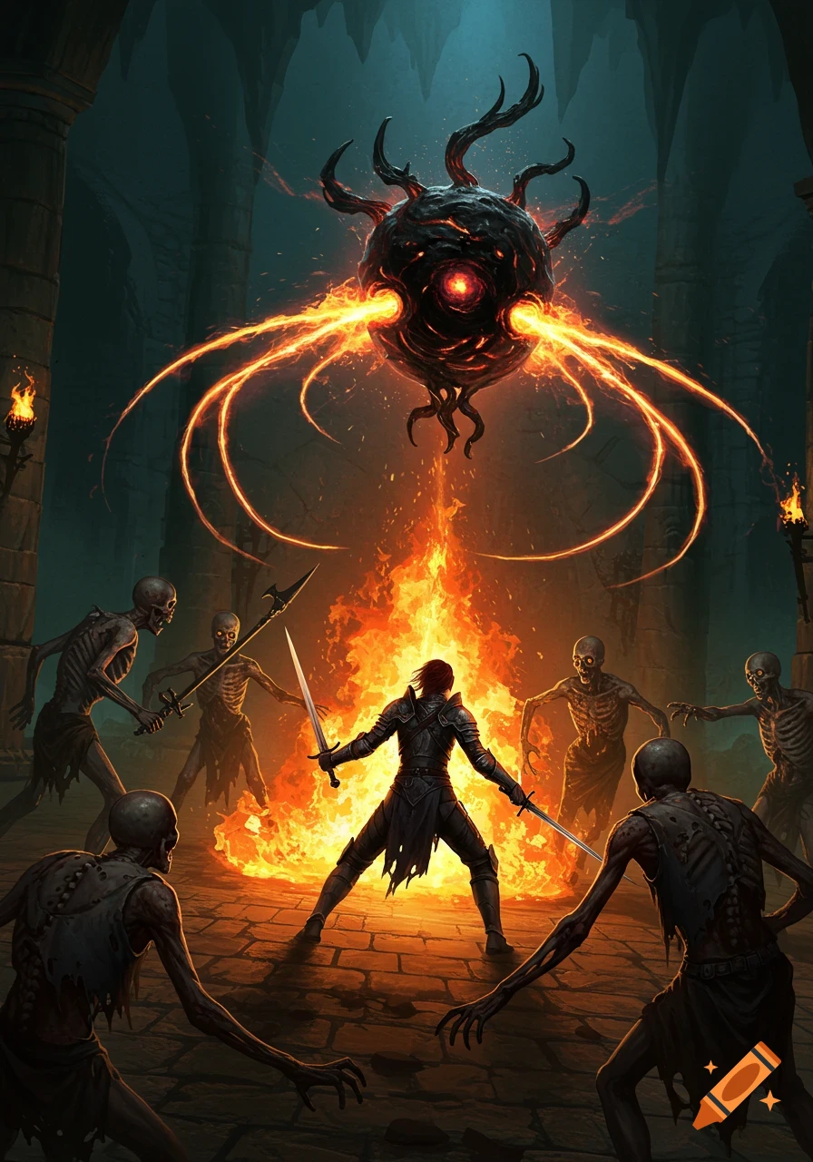 A warrior with dual swords fights a glowing black orb and skeletons in a dark, fire-lit dungeon ...
