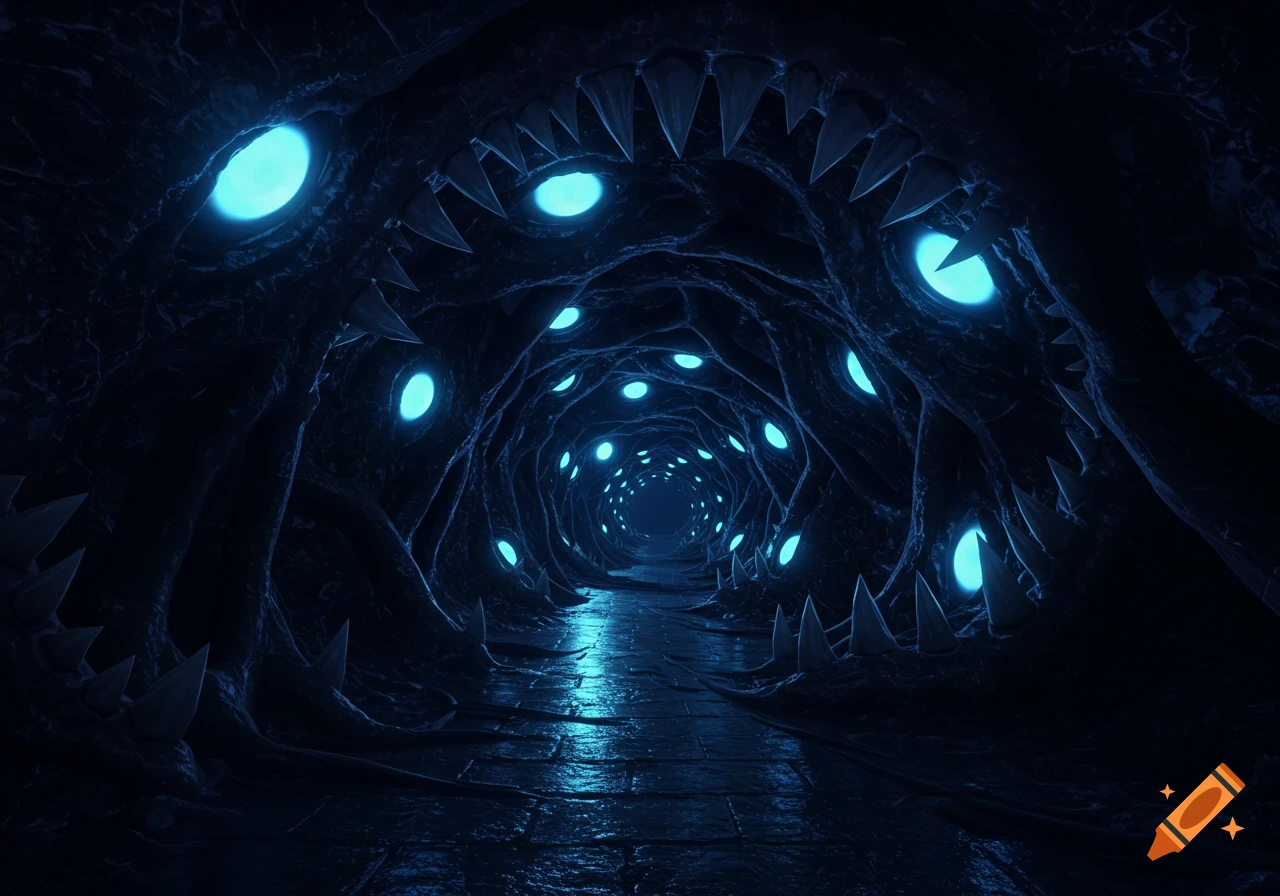 A dark, eerie tunnel resembling a creature's maw, lined with sharp ...