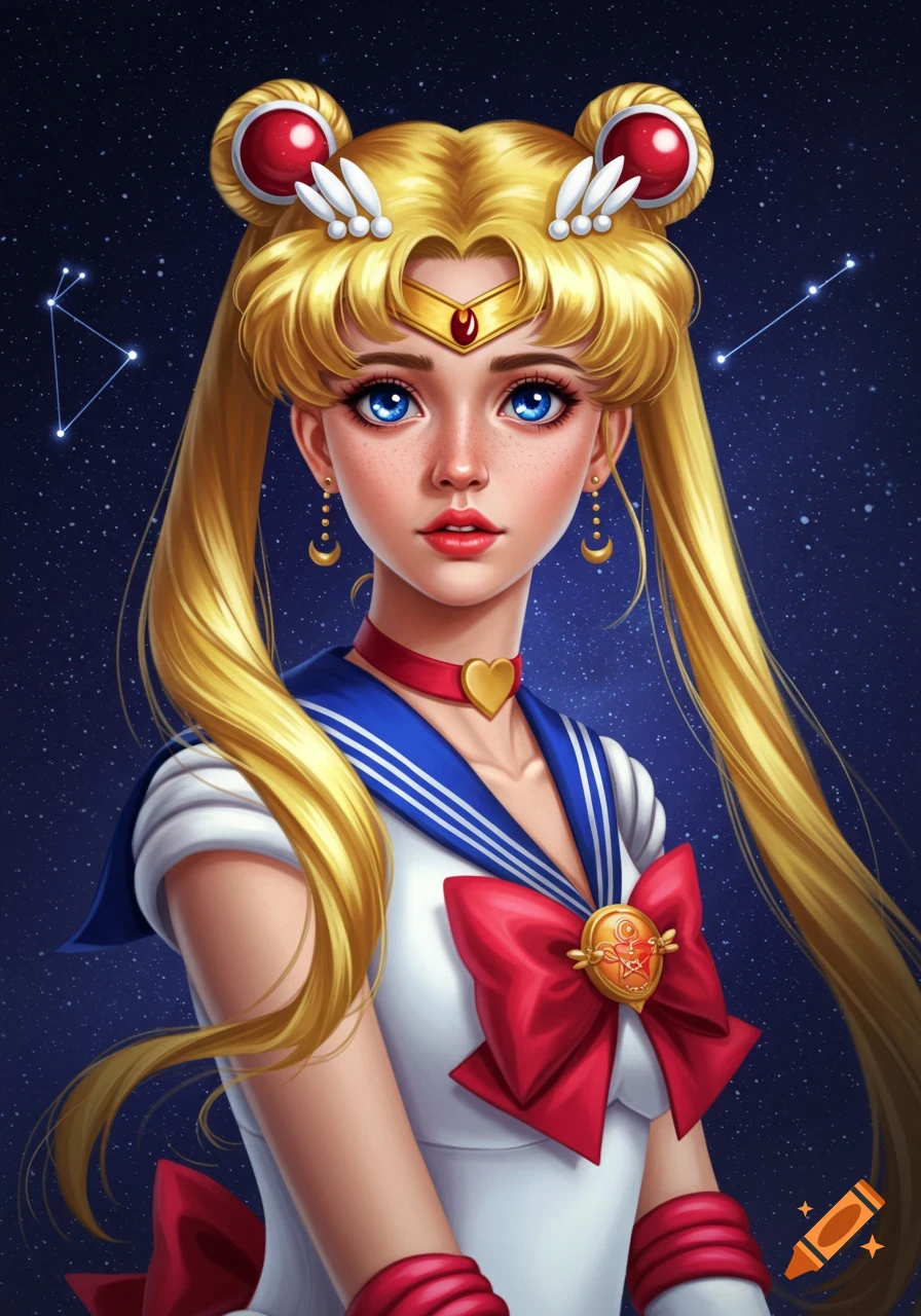 Photorealistic portrait of Sailor Moon with blonde pigtails, blue eyes ...