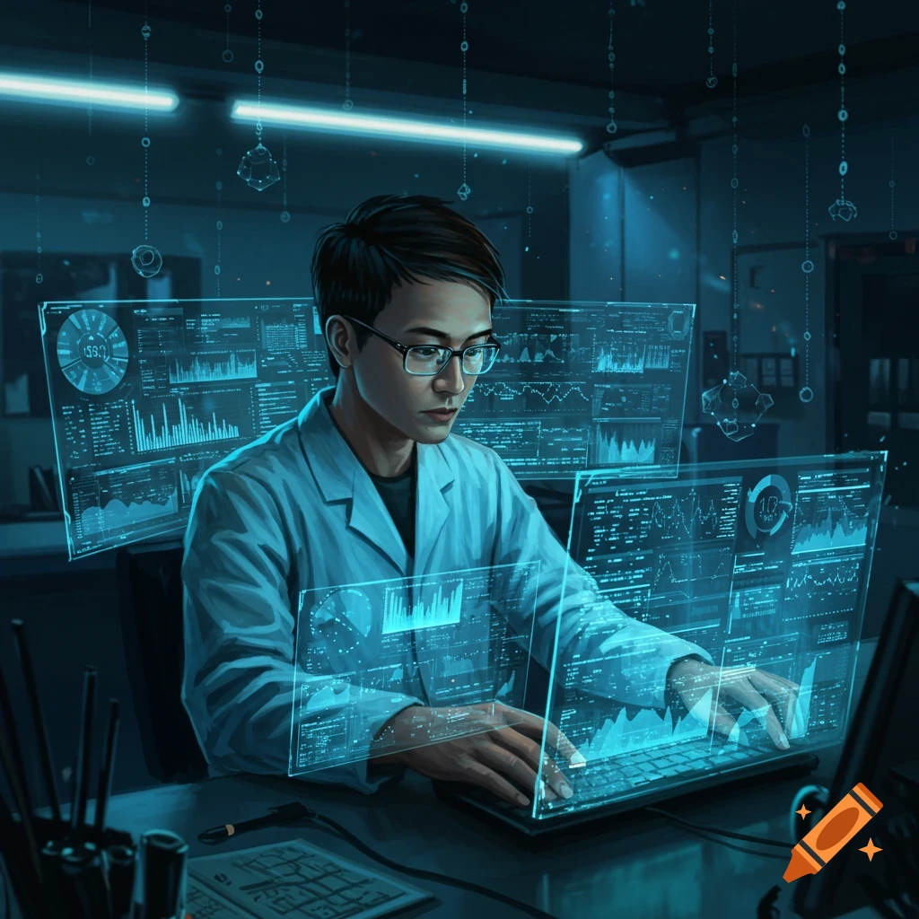 A computer scientist in a lab coat and futuristic glasses works at a ...