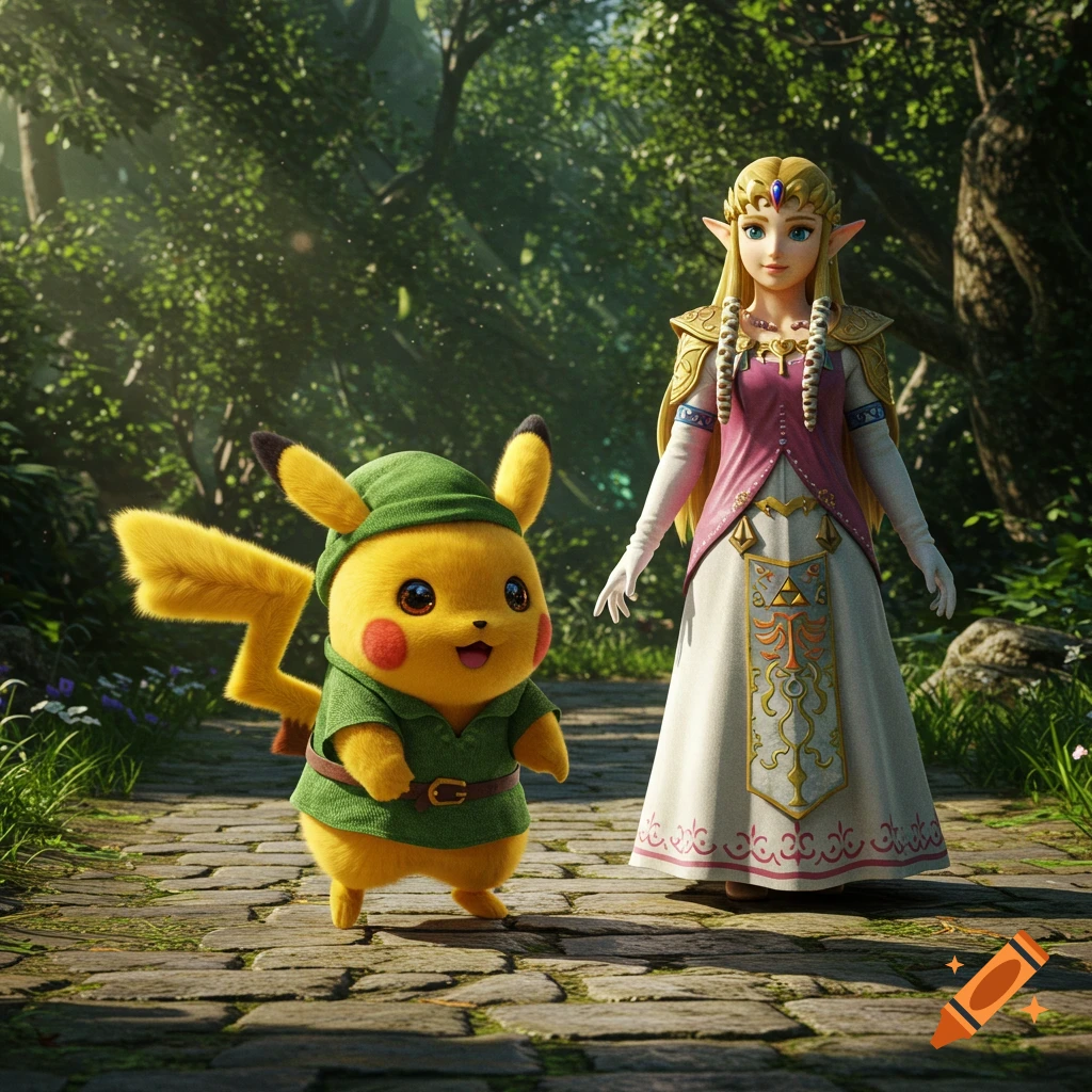 Pikachu dressed as Link and Princess Zelda stand in a vibrant ...