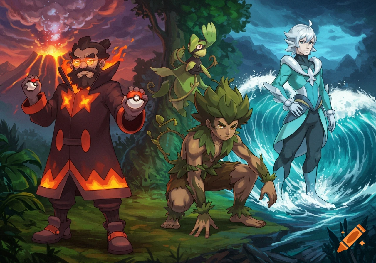 Three anime-style male Pokemon trainers in a vibrant fantasy landscape ...