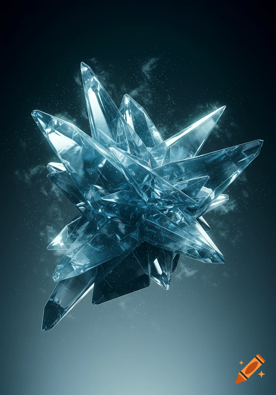 A sharp, translucent blue crystalline structure floats in a dark, ethereal space with glowing ...