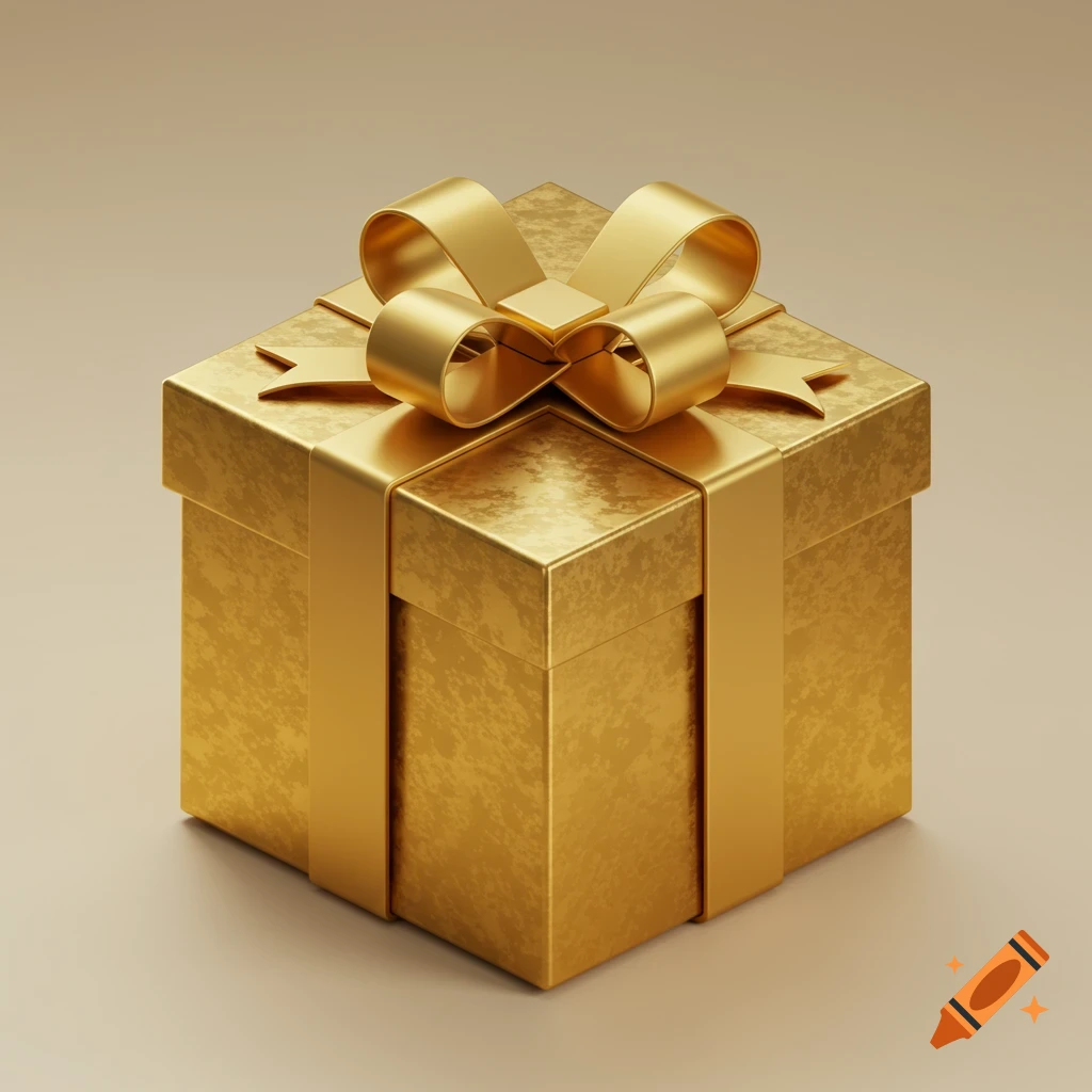 A shiny golden gift box with a matching ribbon and bow, presented in a ...