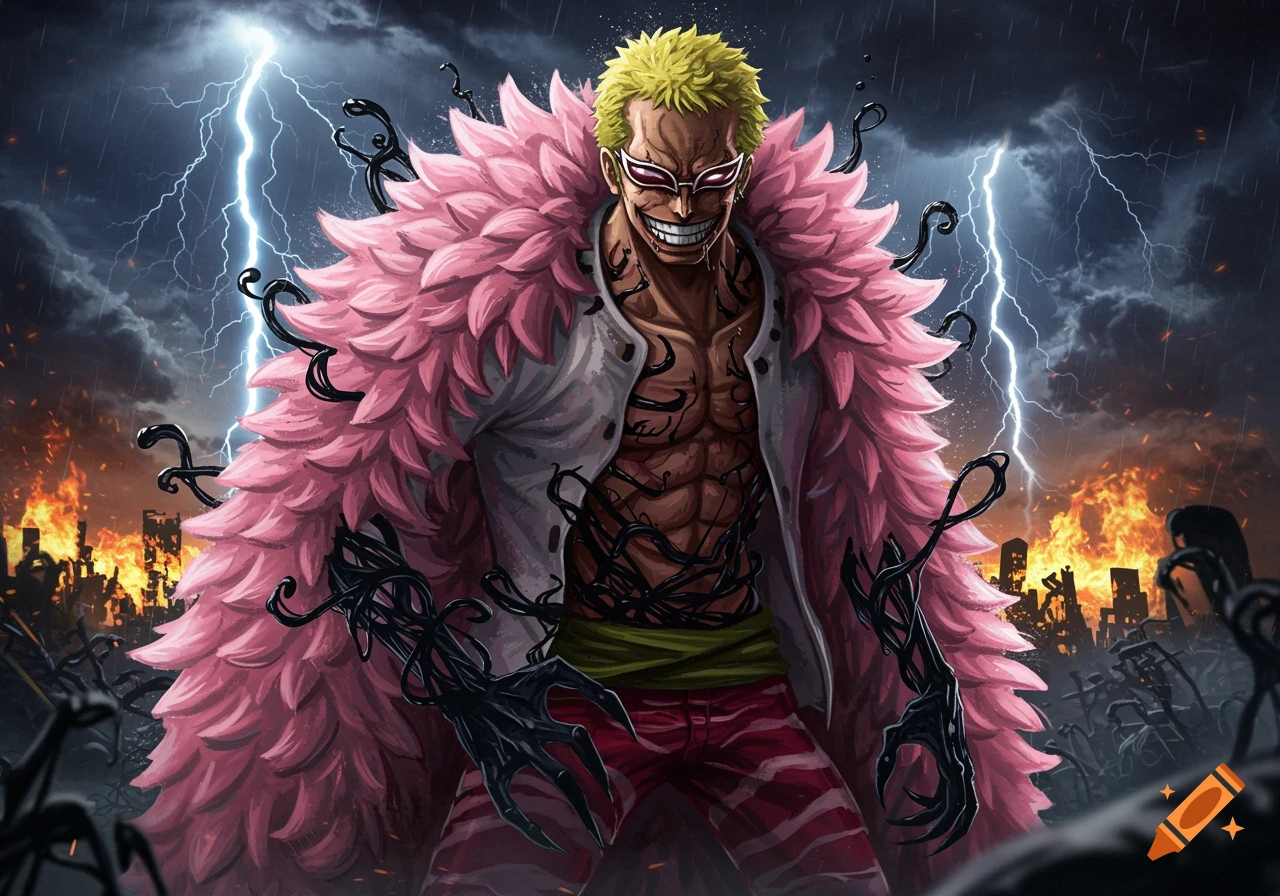 Anime pirate character with an open blue jacket and hat, running on ...