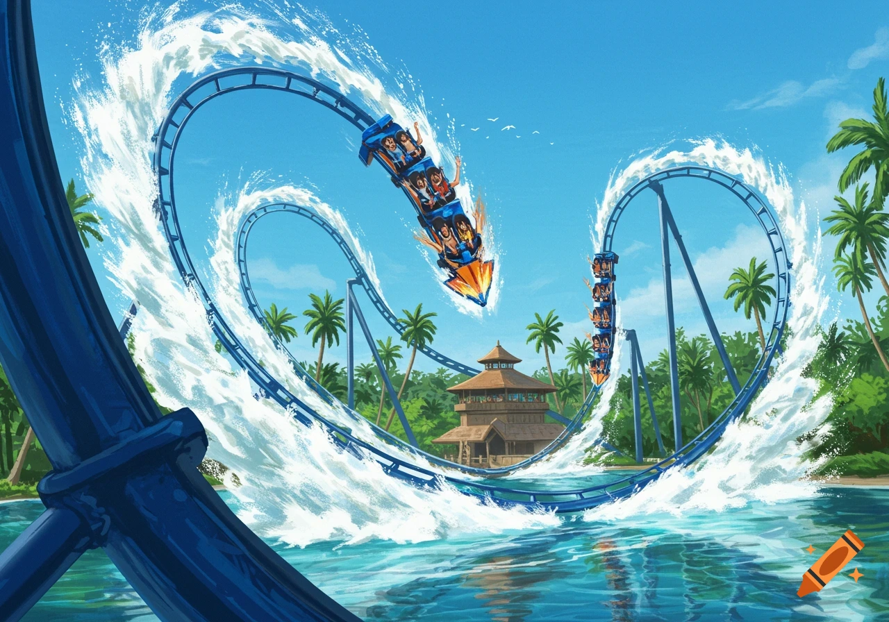 Illustrated blue roller coaster splashing through water in a tropical ...
