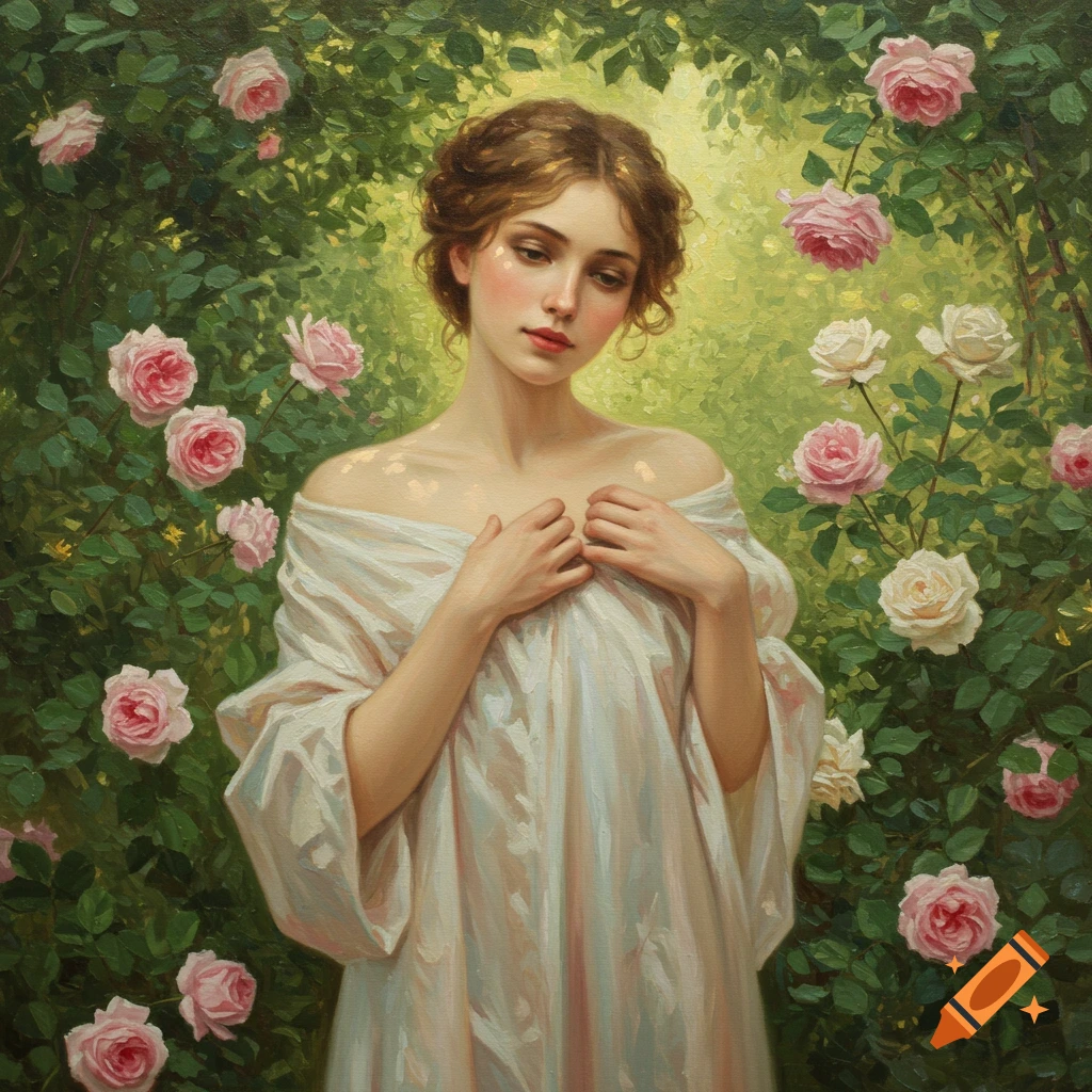 A classical oil painting of a young woman with clasped hands ...