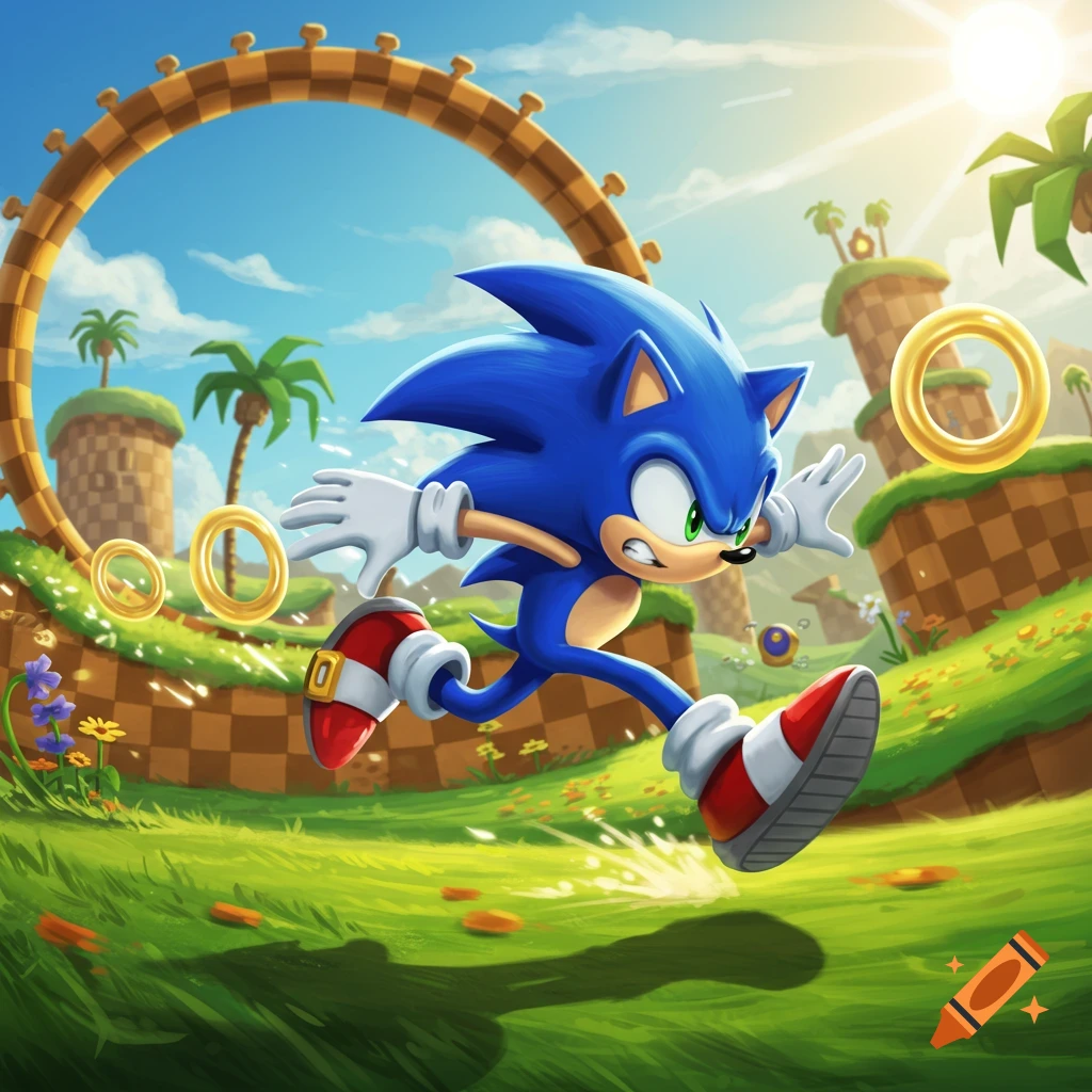 Vibrant illustration of Sonic the Hedgehog running through a lush Green ...