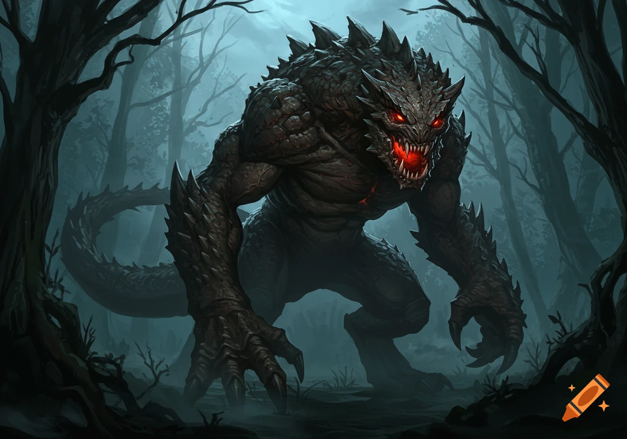 A dark, monstrous creature with glowing red eyes and sharp teeth stands in a misty, eerie forest ...