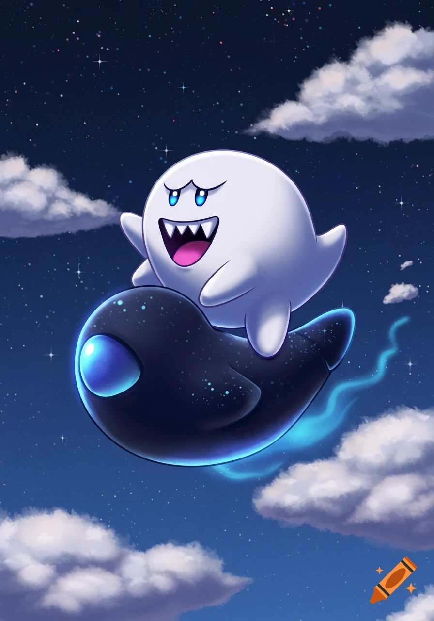 Boo the ghost from Super Mario riding a dark, star-like vehicle through ...