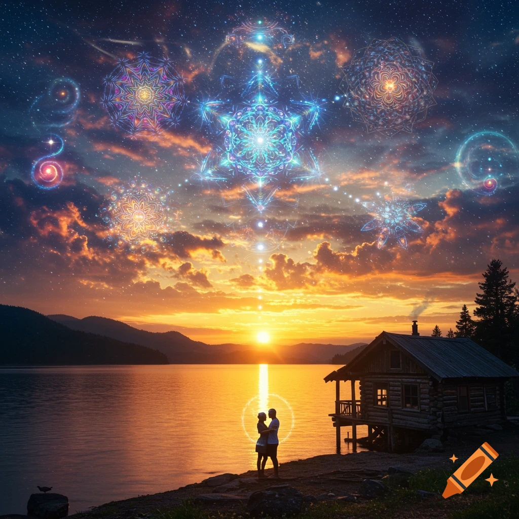 A photorealistic couple embracing by a serene lake at sunset, with a ...