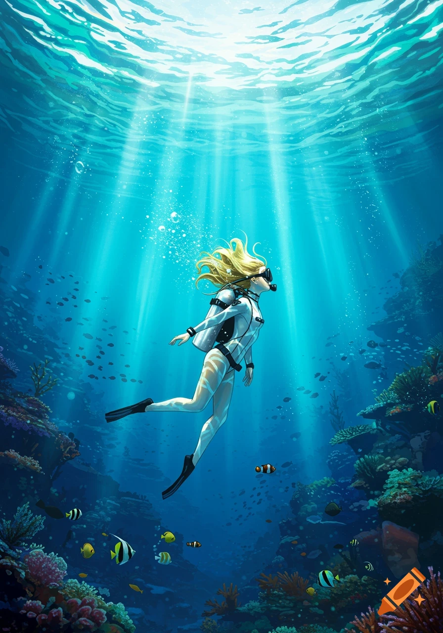 Scuba divers explore a vibrant, sunlit coral reef, surrounded by ...