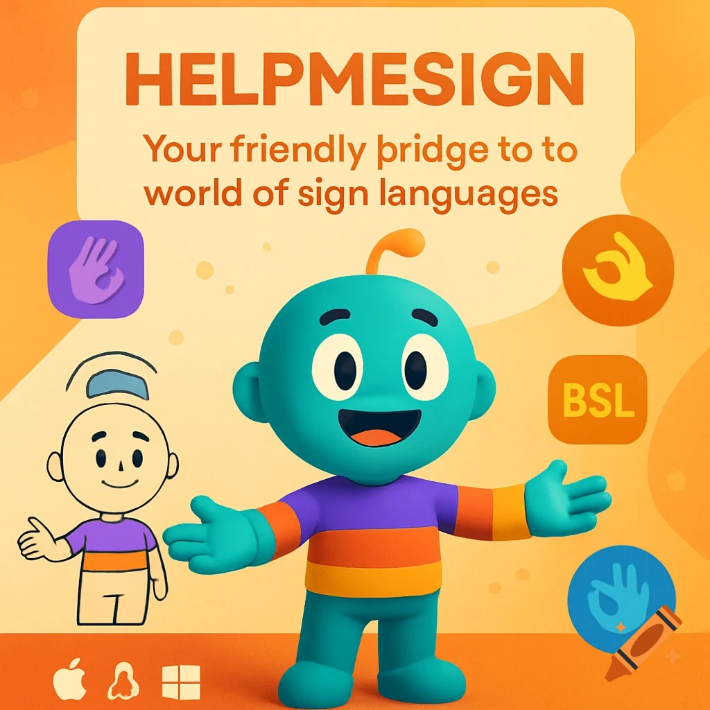 A friendly teal 3D cartoon mascot for 'HelpMeSign' app, with a 2D ...