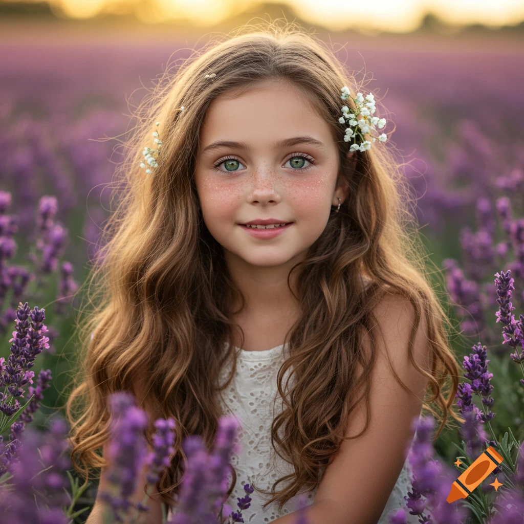 Photorealistic portrait of a smiling young girl with long brown hair ...