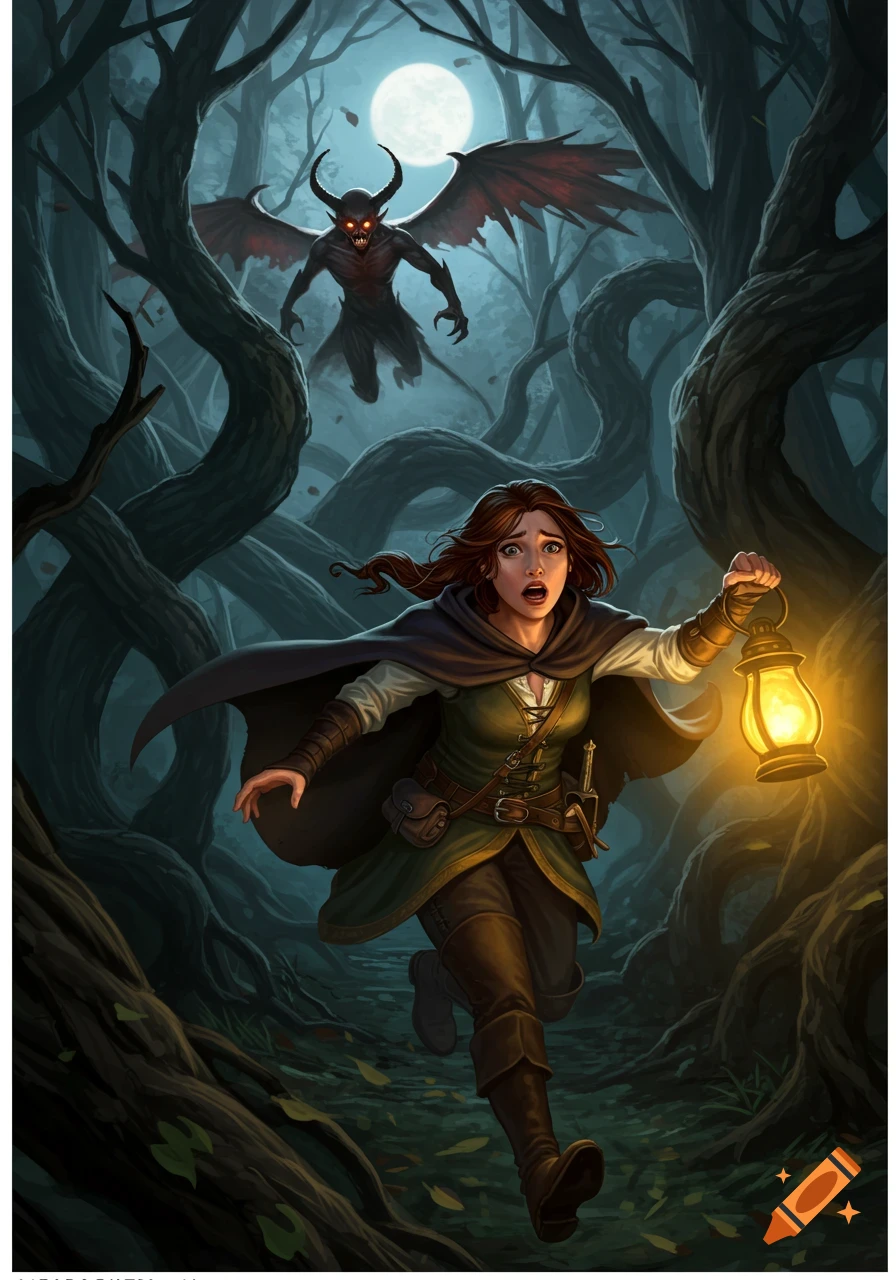 A scared adventurer woman runs through a dark forest at night, holding ...