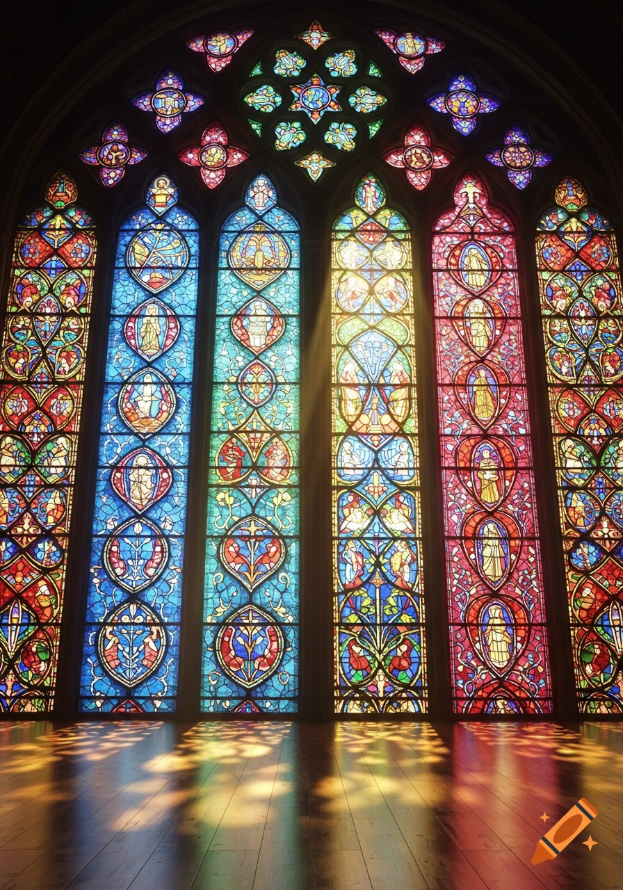 Stained glass window depicting the biblical Creation: God over a ...