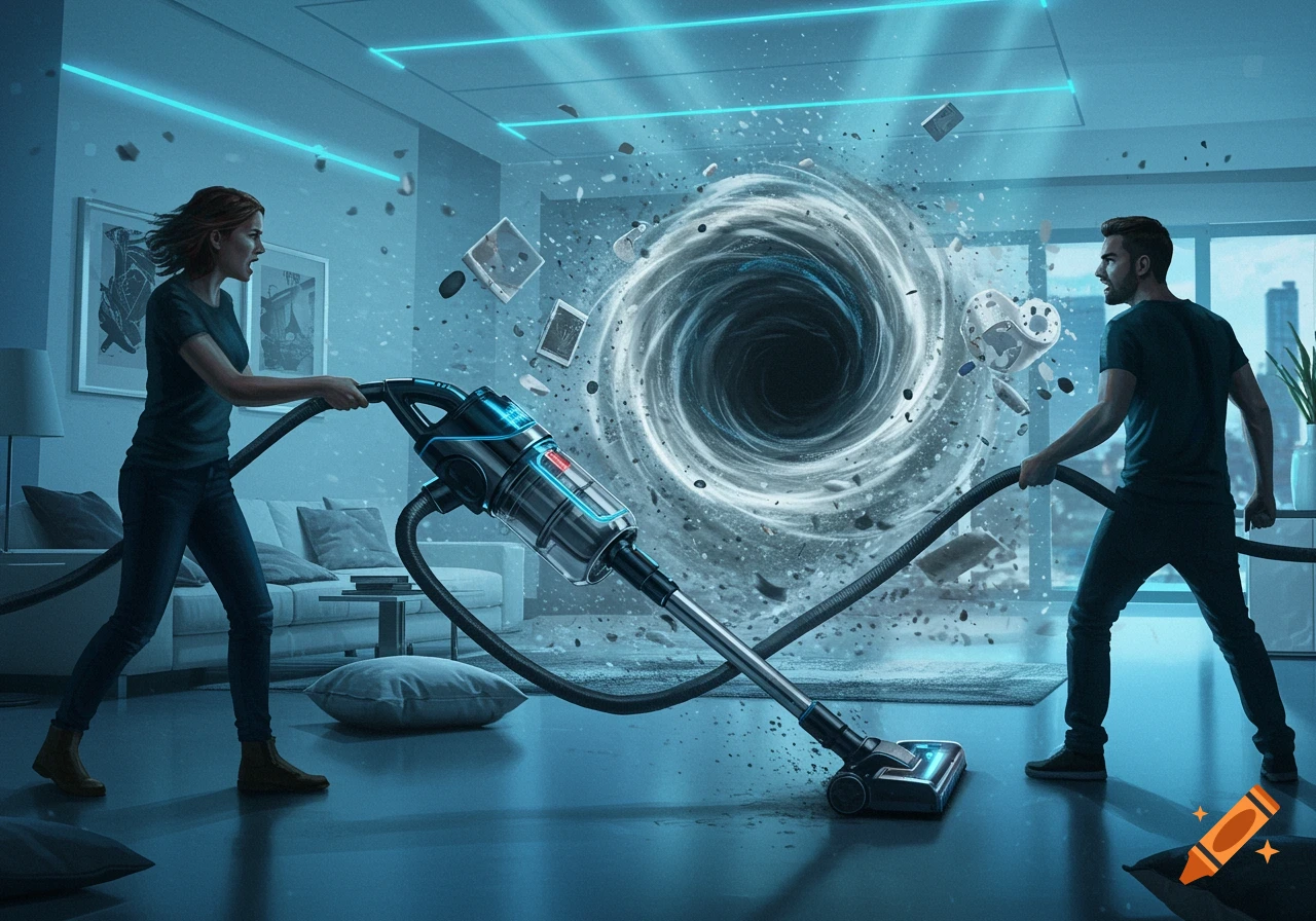 Three people clean a modern living room using stick vacuums, with dust ...