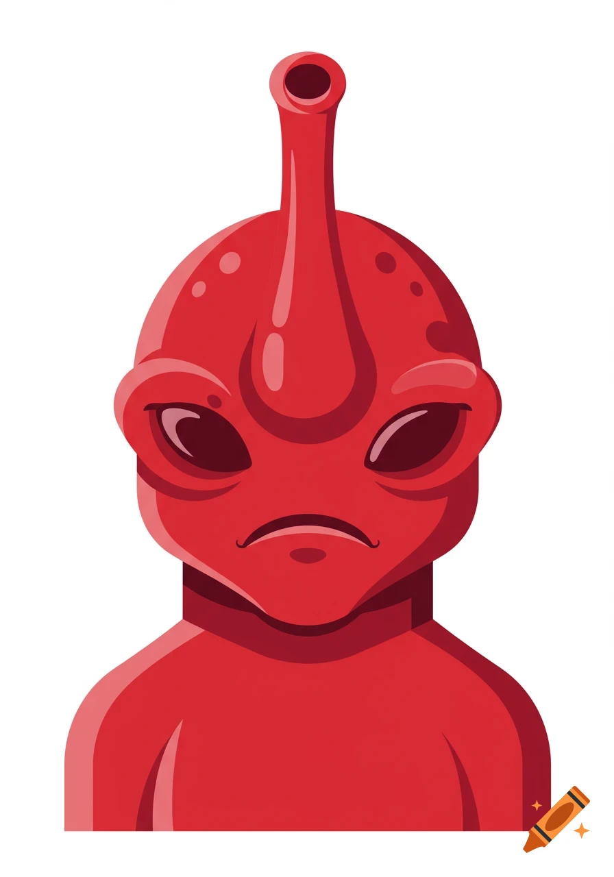 A red cartoon alien with large eyes and a tube-like, trumpet-ended ...