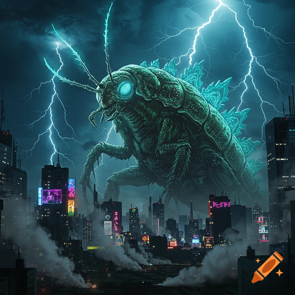 A giant, armored monster with glowing eyes and purple/blue lightning ...