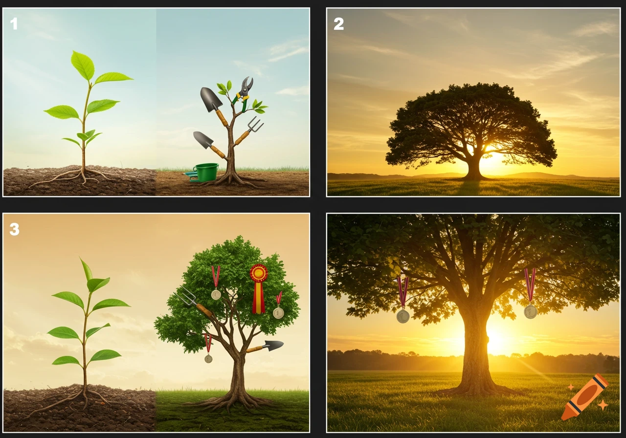 Four panels show the growth of a tree from a sapling to a large, strong ...