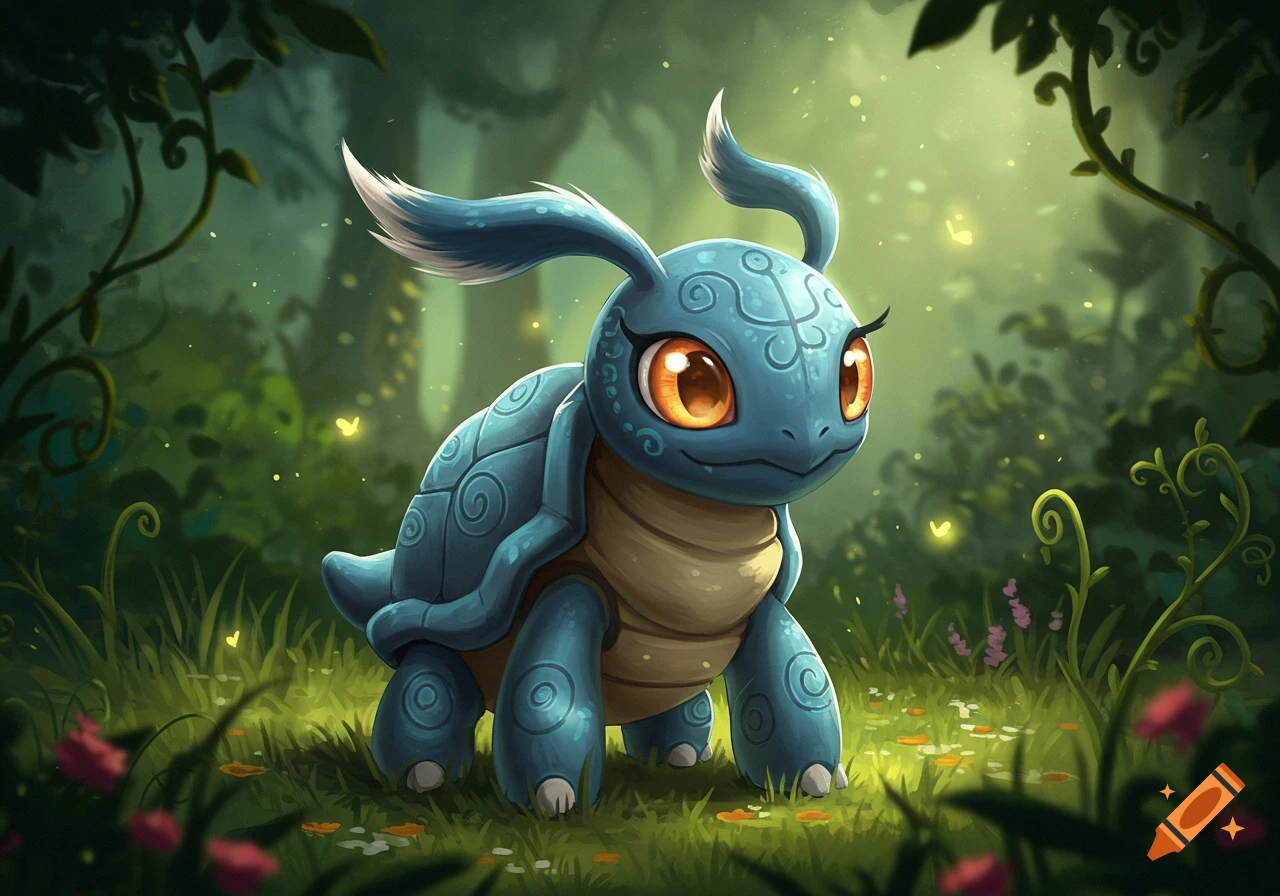 A small, blue, furry, cartoon-like monster with yellow spots and orange ...