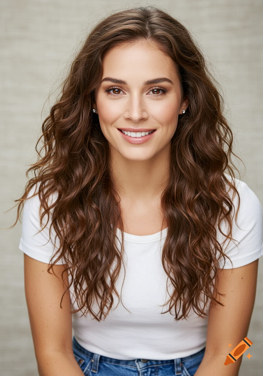 Photorealistic portrait of a smiling woman with long wavy brown hair ...