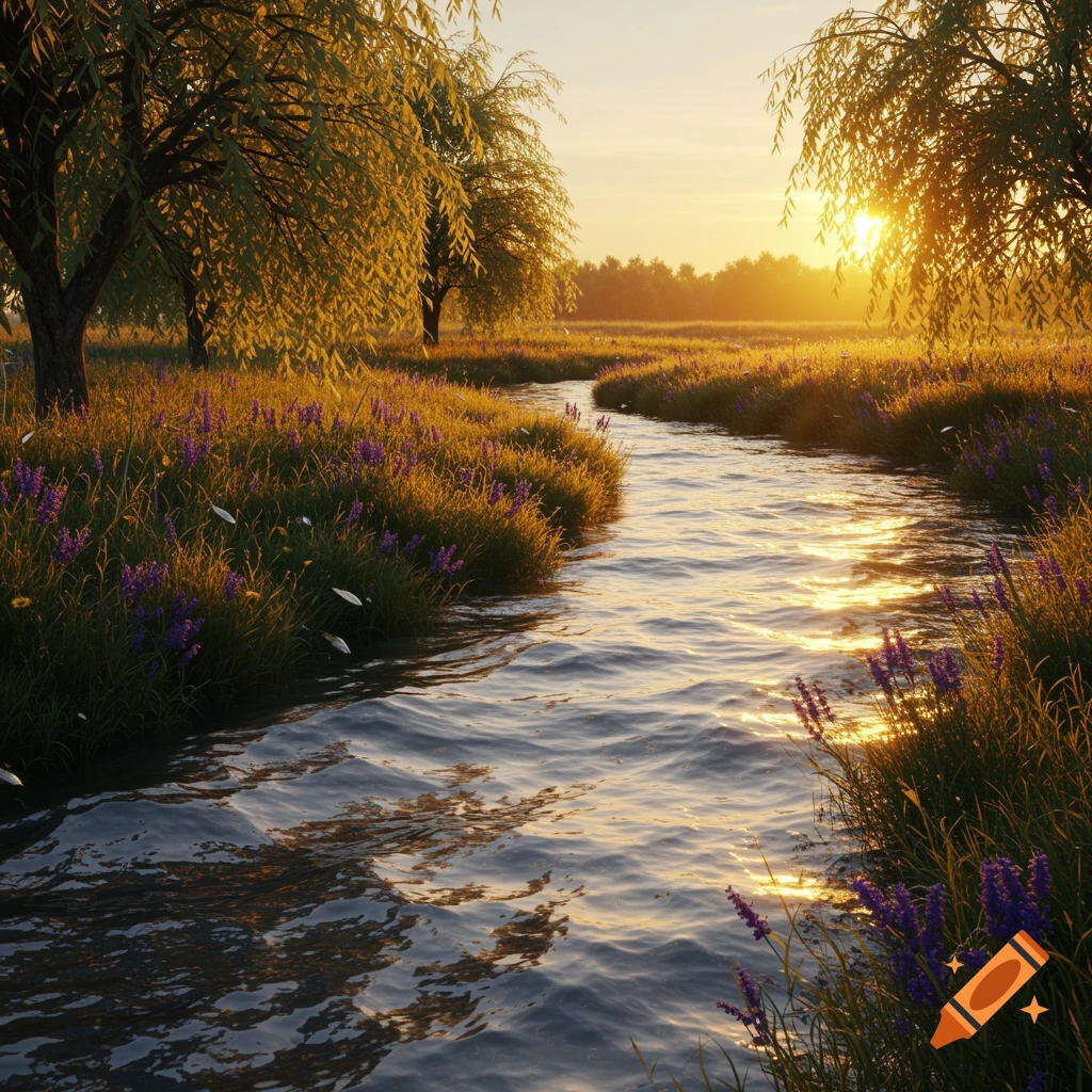 A winding river flows through a vibrant green and purple meadow with willow trees under a golden ...