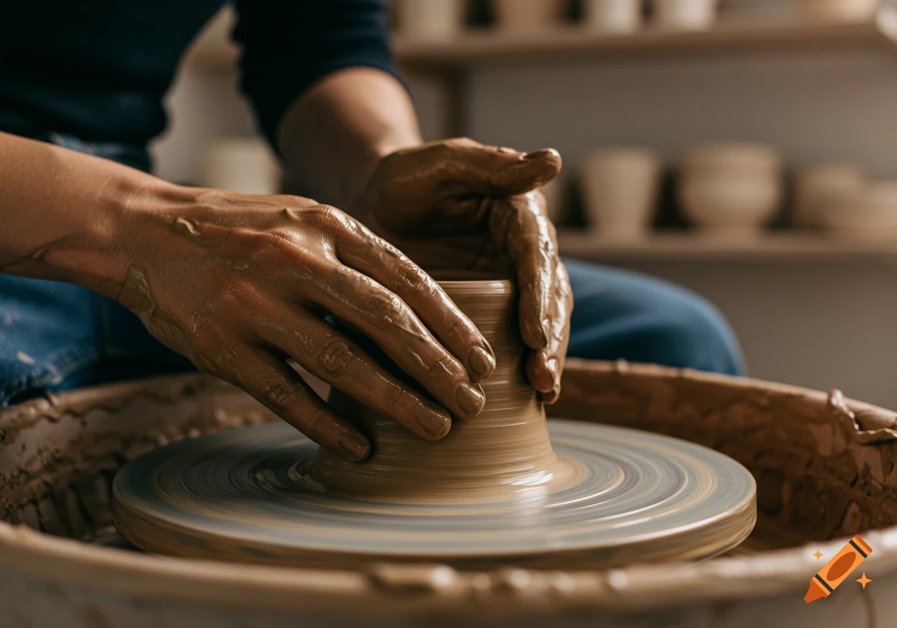 Close-up of hands shaping wet clay on a pottery wheel with warm earthy ...