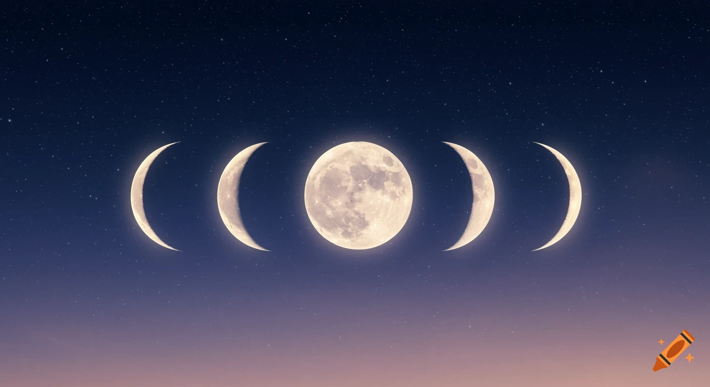 A horizontal sequence of five moon phases against a starry night sky ...