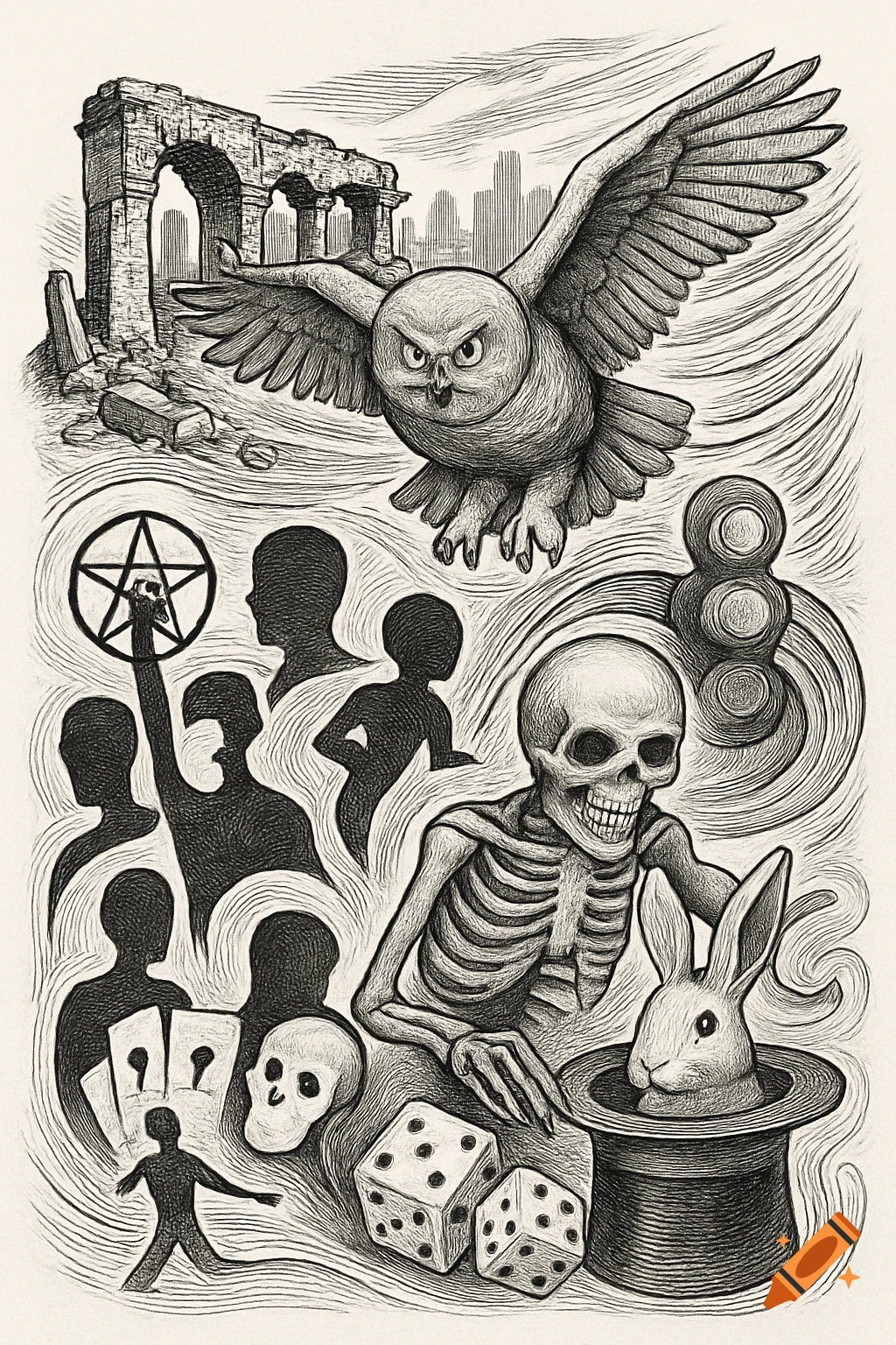 Monochrome illustration featuring an owl flying over ruins, a skeleton ...