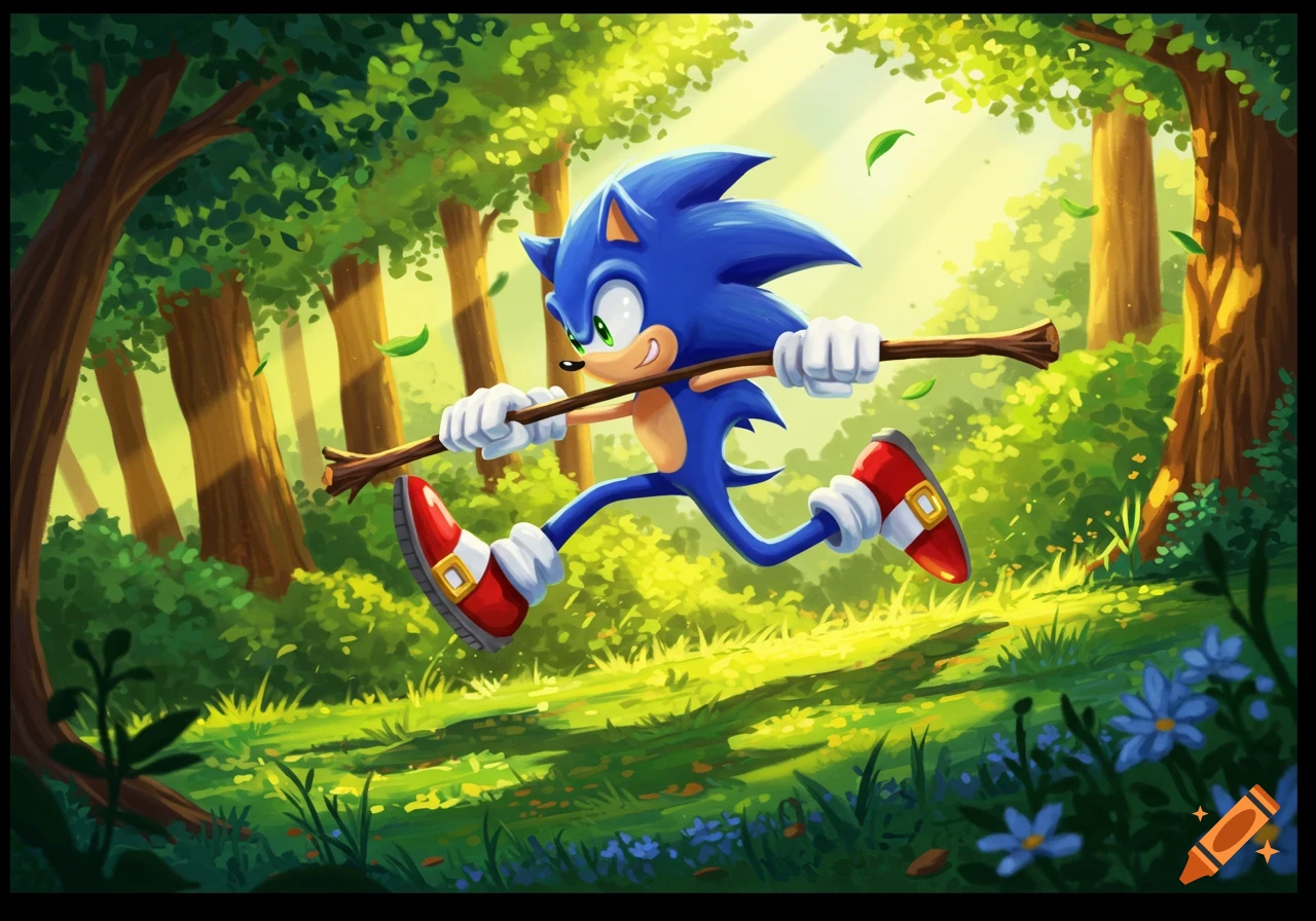 Sonic the Hedgehog runs through a sunny, green forest, holding a stick ...