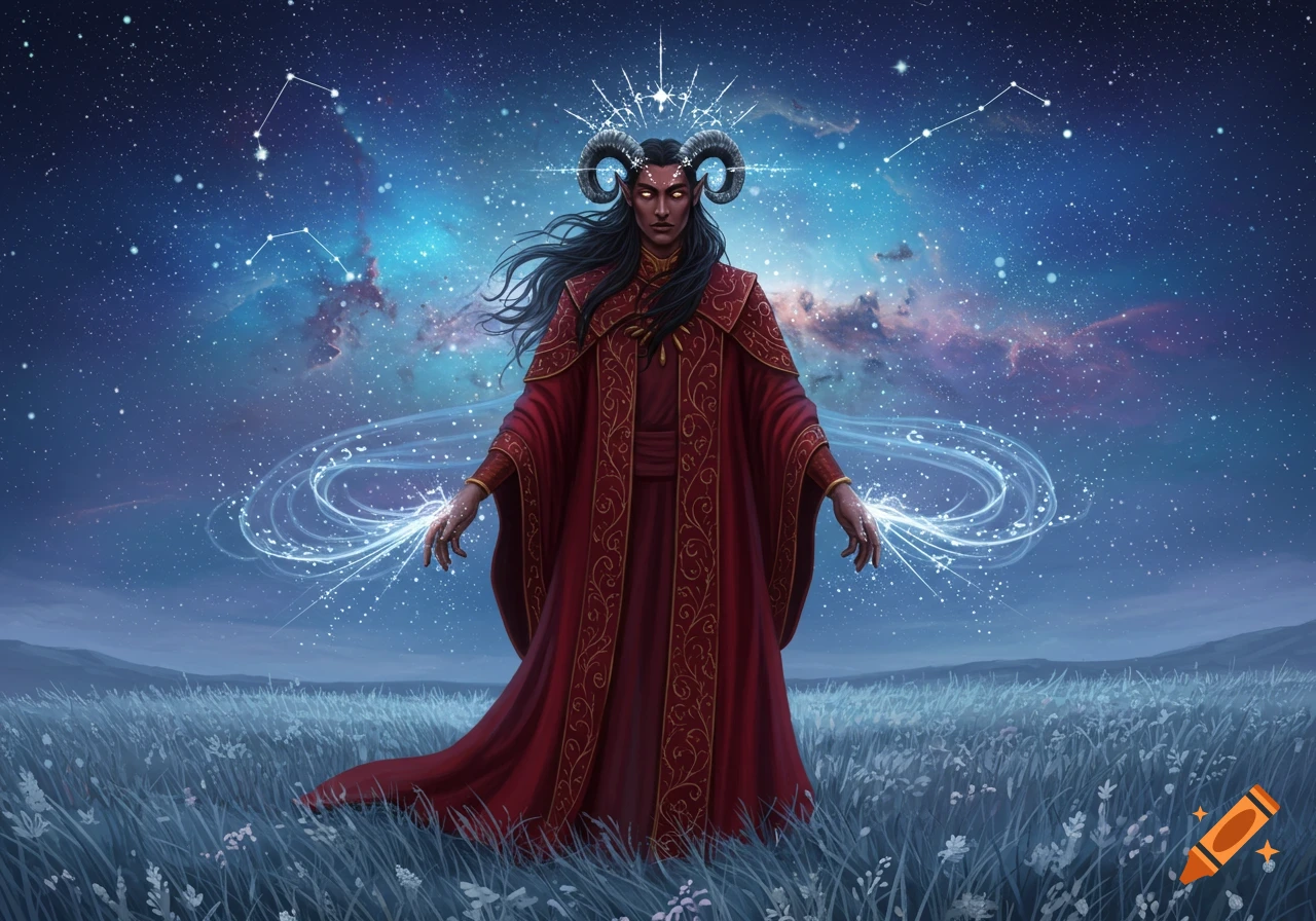 A dark-haired, horned figure in a red robe stands in a field under a ...